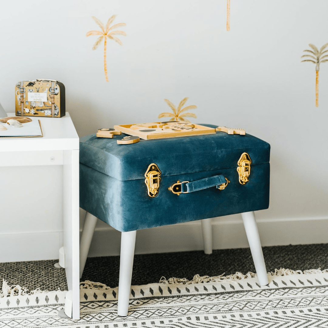 Luxe Velvet Storage Stool - Steel Blue | Nursery Storage Solutions